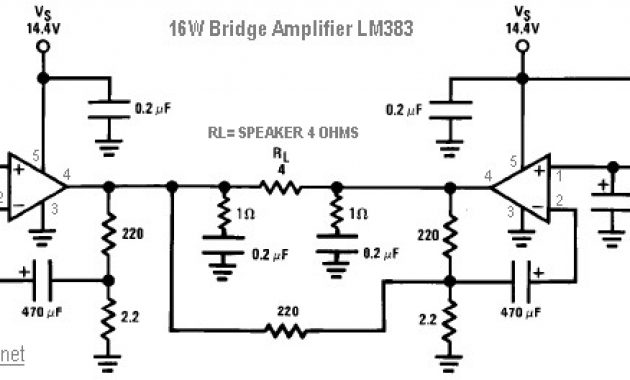 16W Bridge Amplifier LM383 | Electronic Schematic Diagram