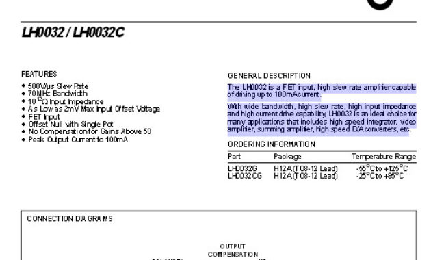 LH0032 Datasheet Document | Electronic Schematic Diagram