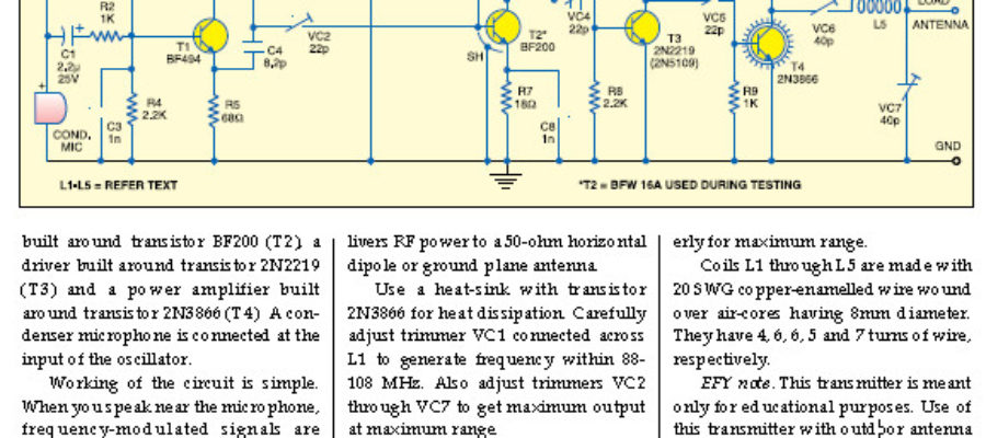 Four Stage FM Transmitter Circuit Project – Electronic Schematic Diagram